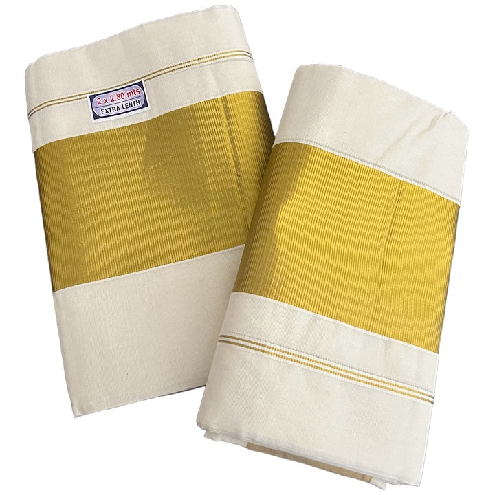 Traditional Kerala Mundum Neriyathum Set Mundu With 4 Inch Golden Kasa