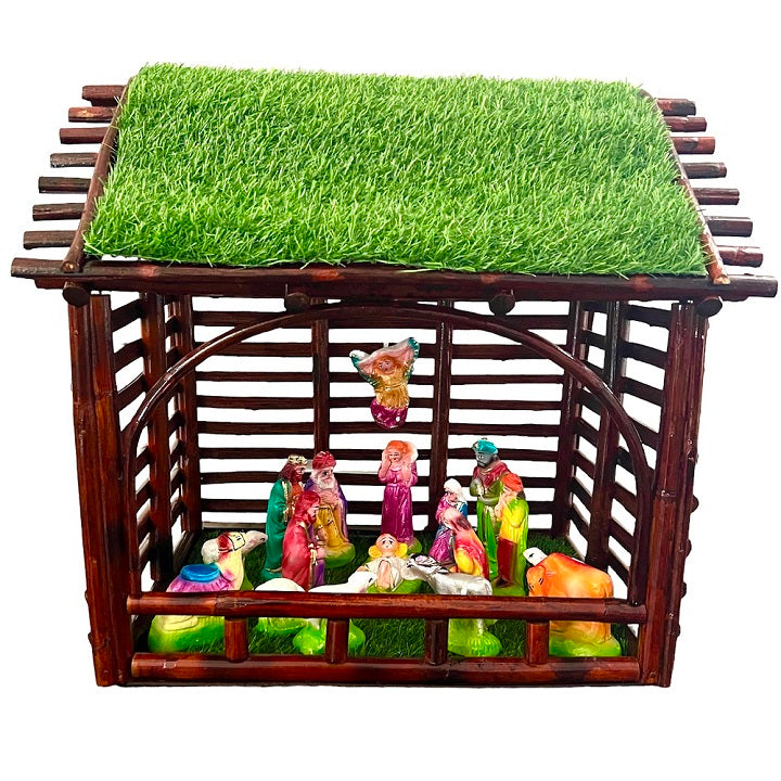 Antique Natural Cane Handmade Christmas Nativity Crib Set Vintage Déco